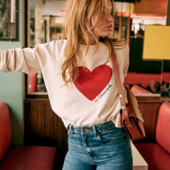 Sezane | Tops | Sezane Cream Sweater With Red Heart | Poshmark